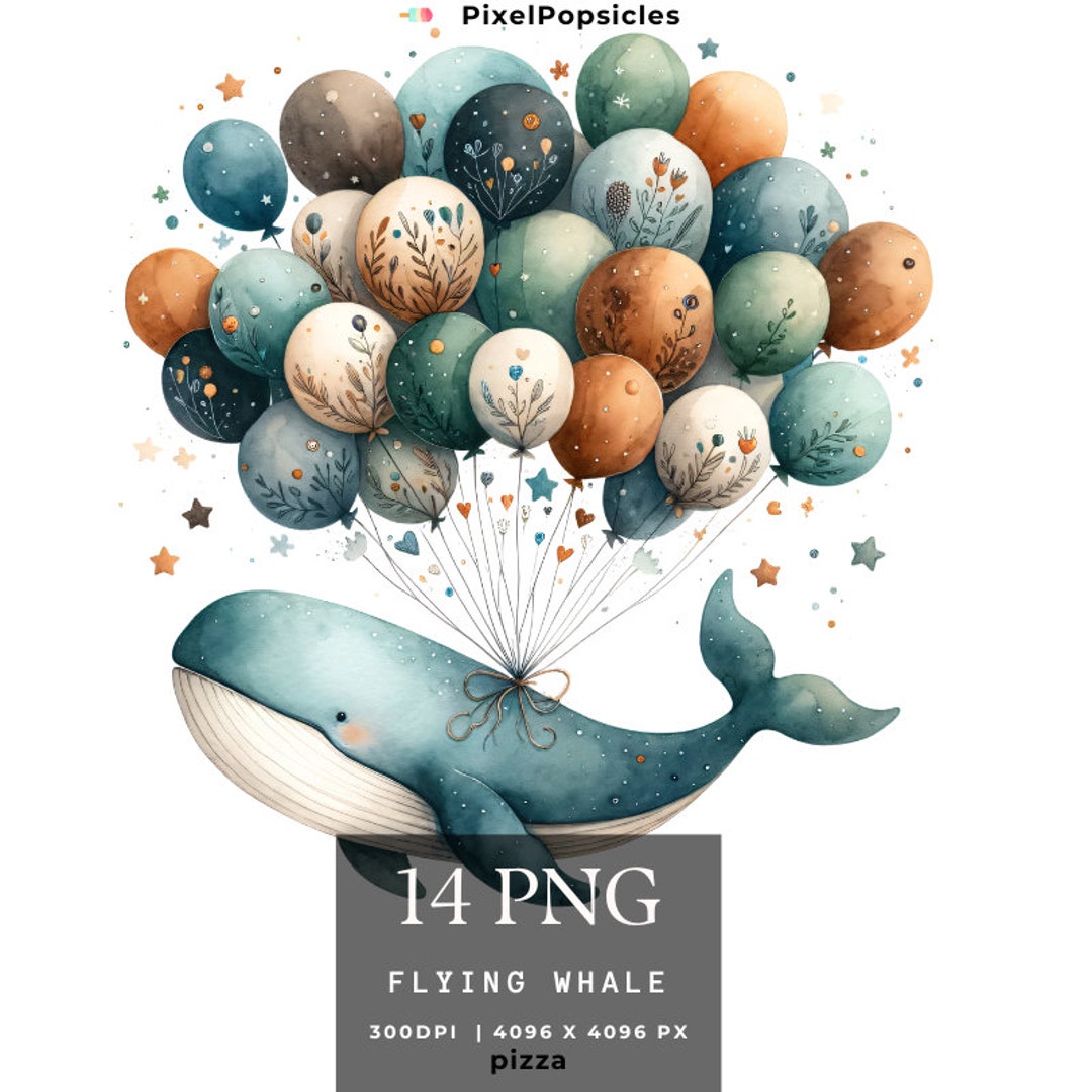 Flying Whale With Balloons PNG: Floral Nursery Decor (digital Download ...