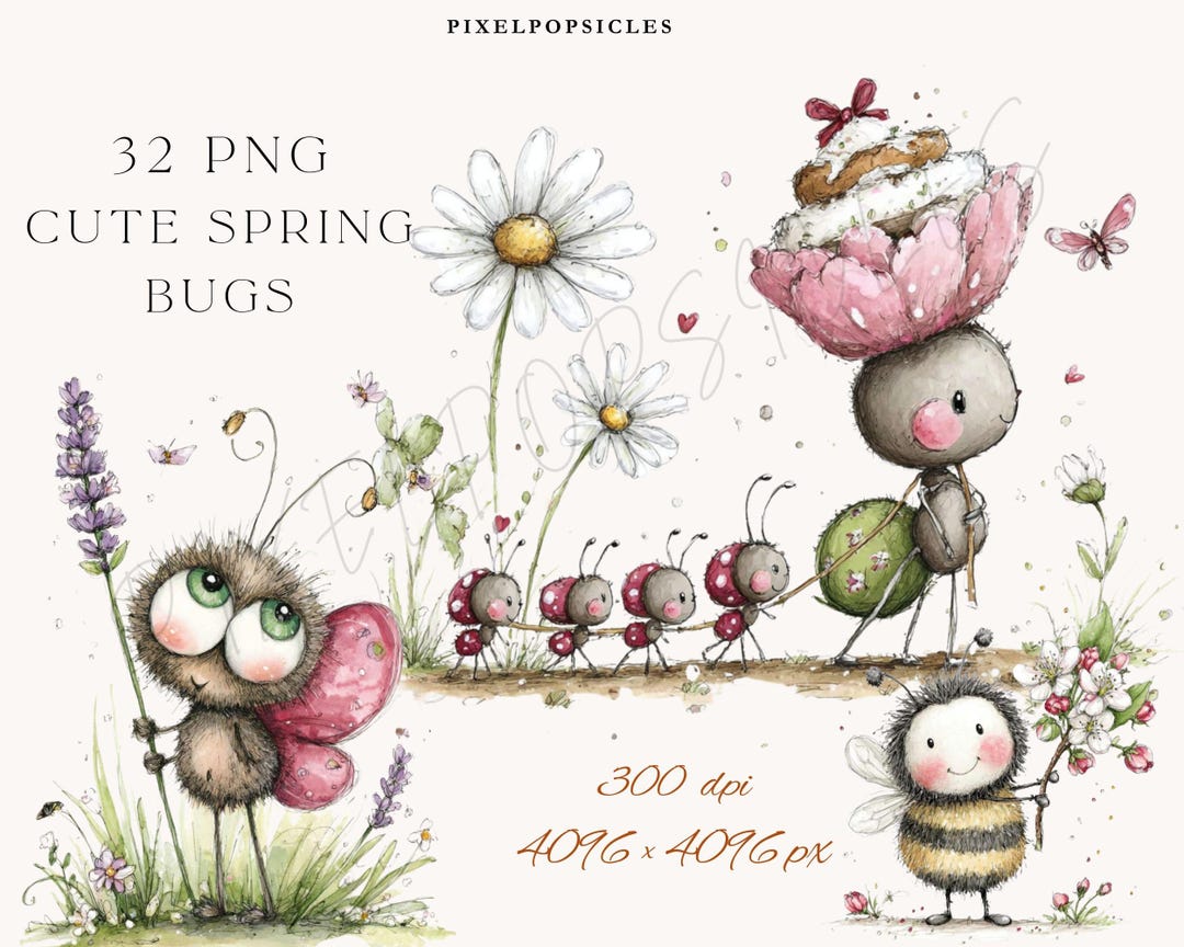 Spring Bugs Clipart Bundle | 32 PNG Transparent | Watercolor Insects ...