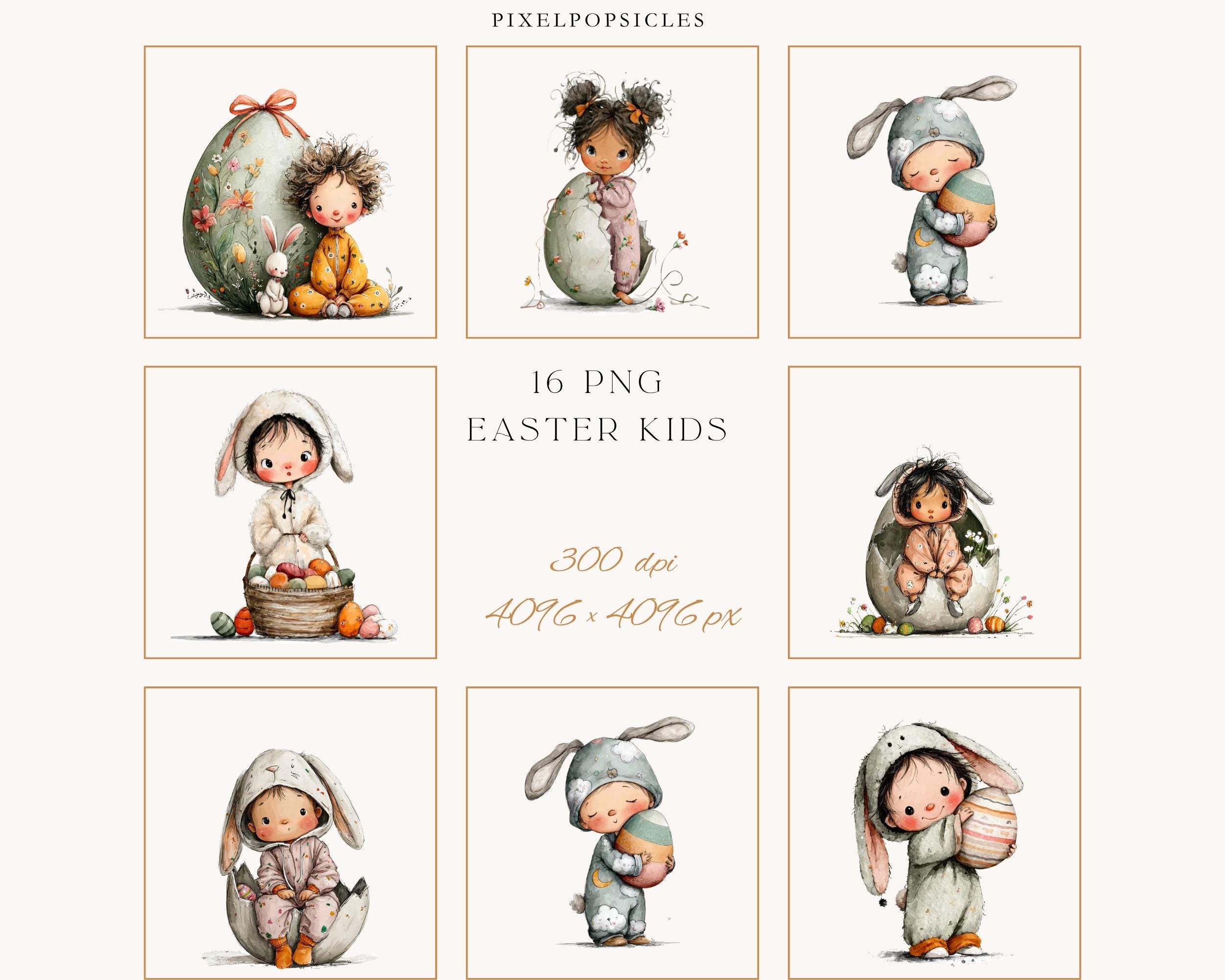Watercolor Easter Kids Clipart: Bunny Costumes & Eggs (PNG Digital ...
