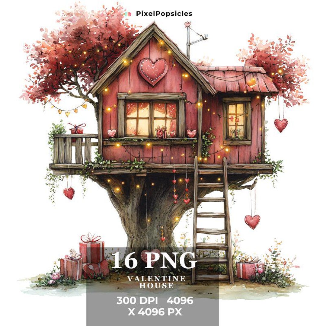 16 Valentine Treehouse Clipart, Valentine Card, Printable Watercolor ...