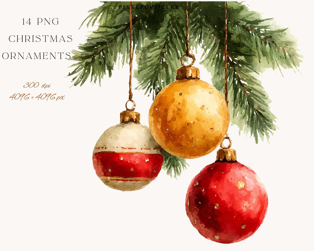 Watercolor Christmas Ornament Clipart: Festive PNG Images (digital ...