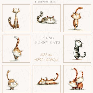 Funny Cat Clipart Bundle | 15 Watercolor Cat PNG | Transparent ...