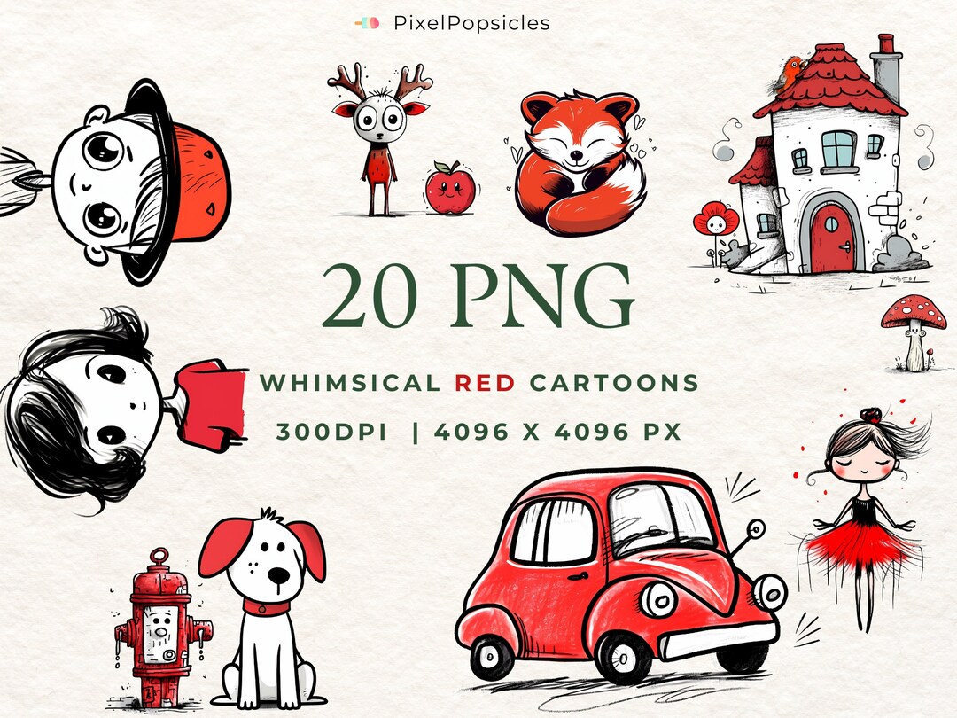 Whimsical Red Cartoons 20 Clipart Bundle Cute Doodle - Etsy