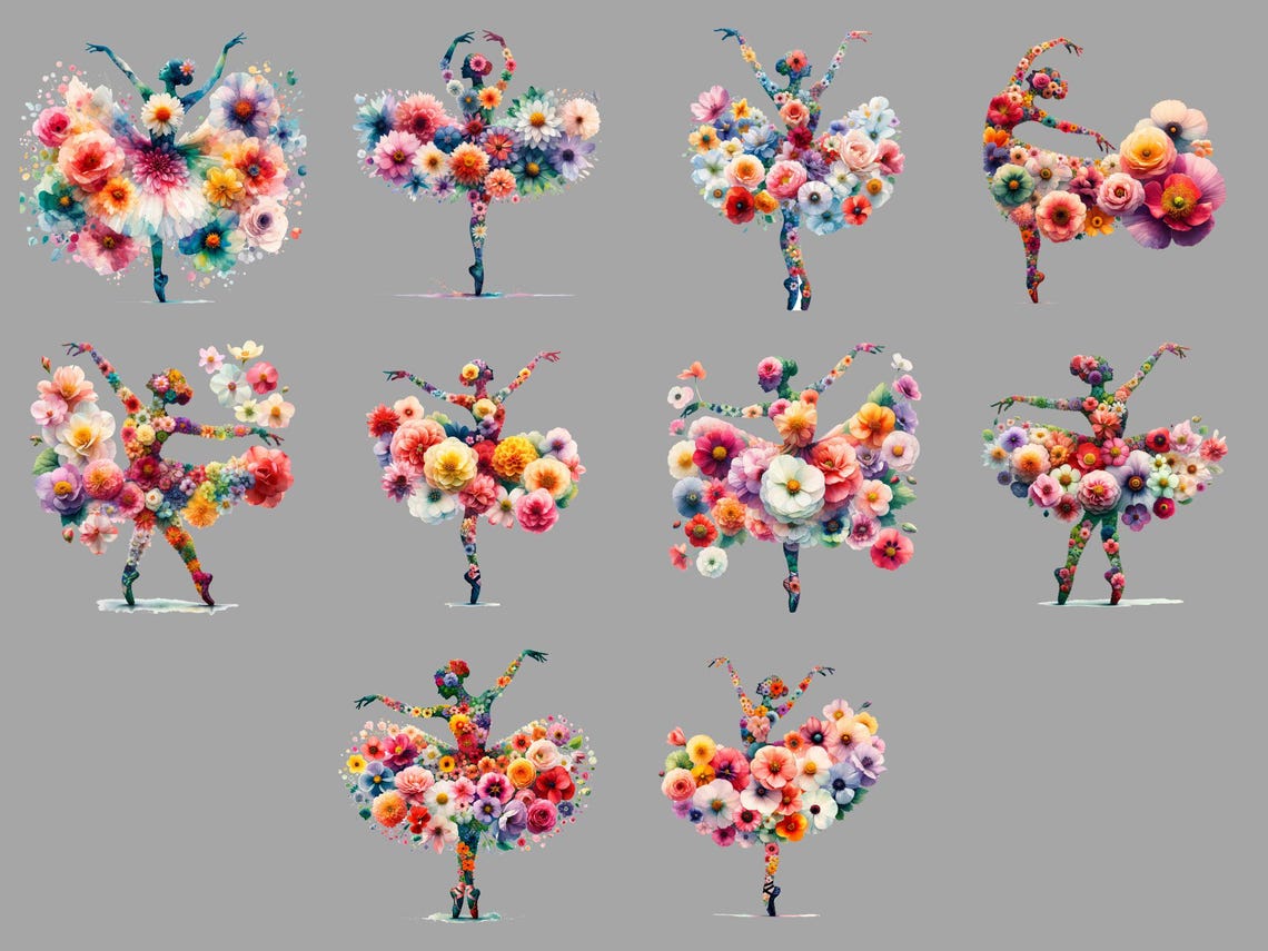 Floral Ballerina Clipart: Elegant Flower Dancer Illustrations (digital ...
