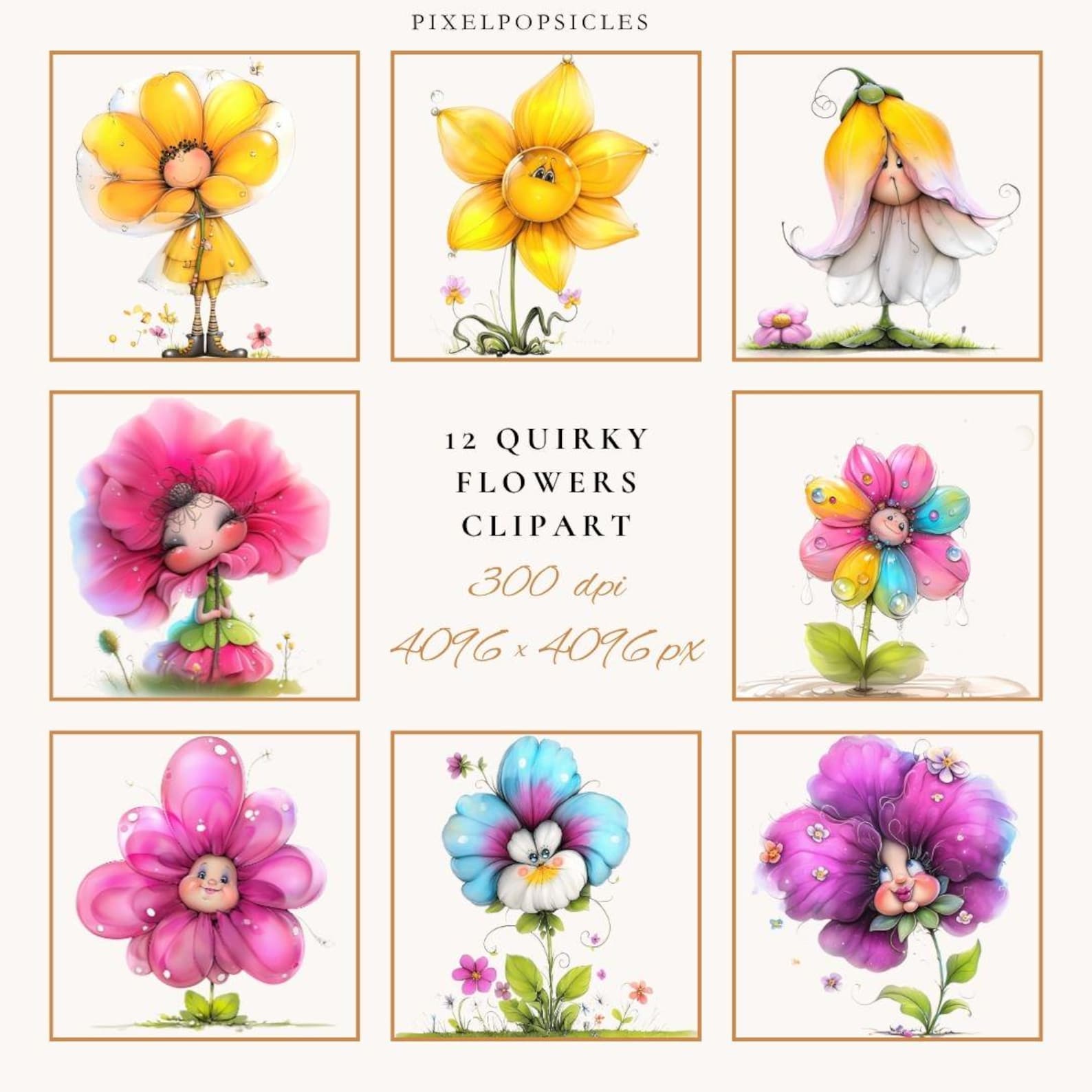 Quirky Flowers Clipart: Whimsical Floral Digital Art PNG Fantasy Bloom ...