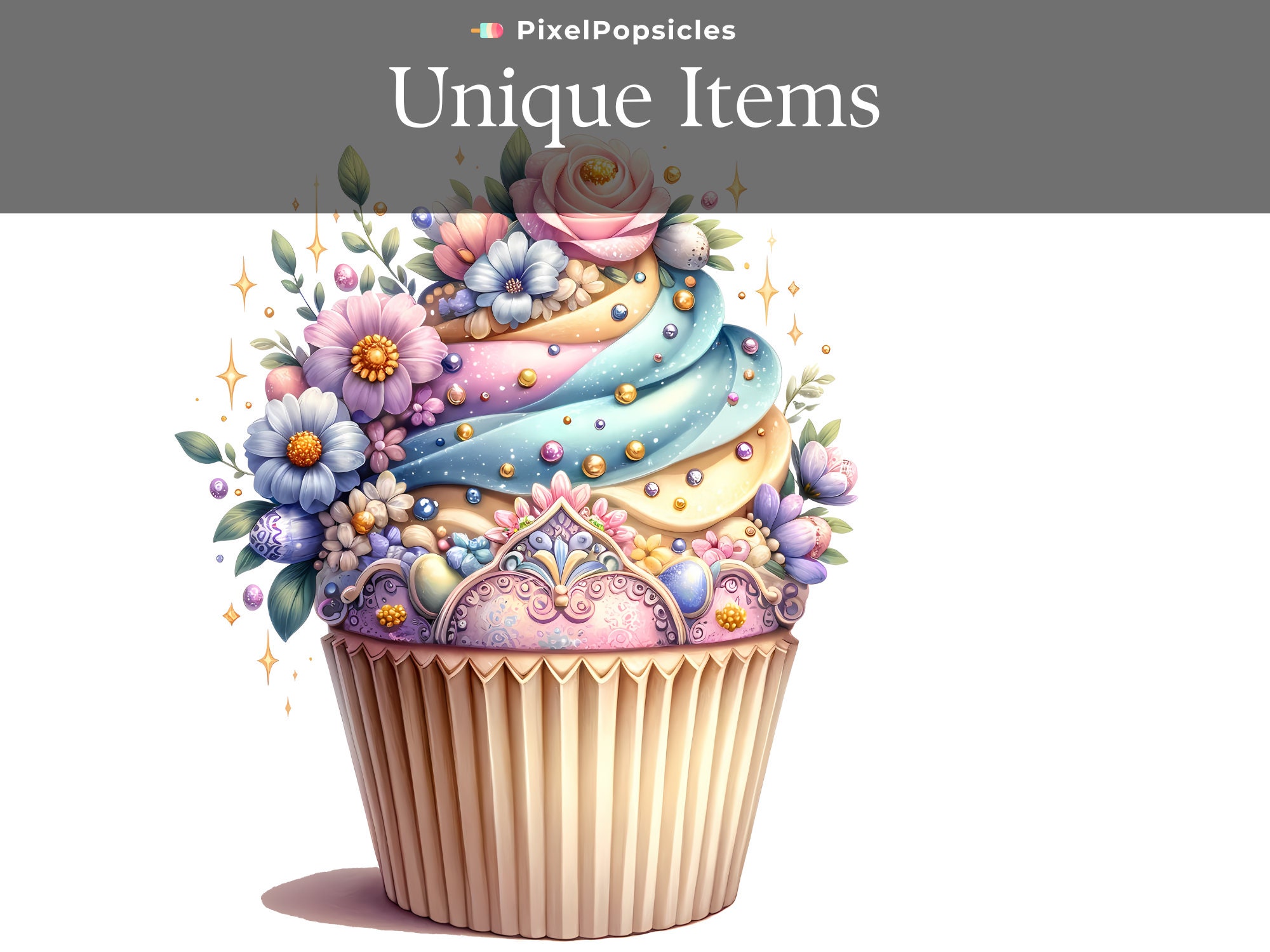 16 Glittering Easter Cupcake Clipart Png , Watercolor Cupcake Set ...