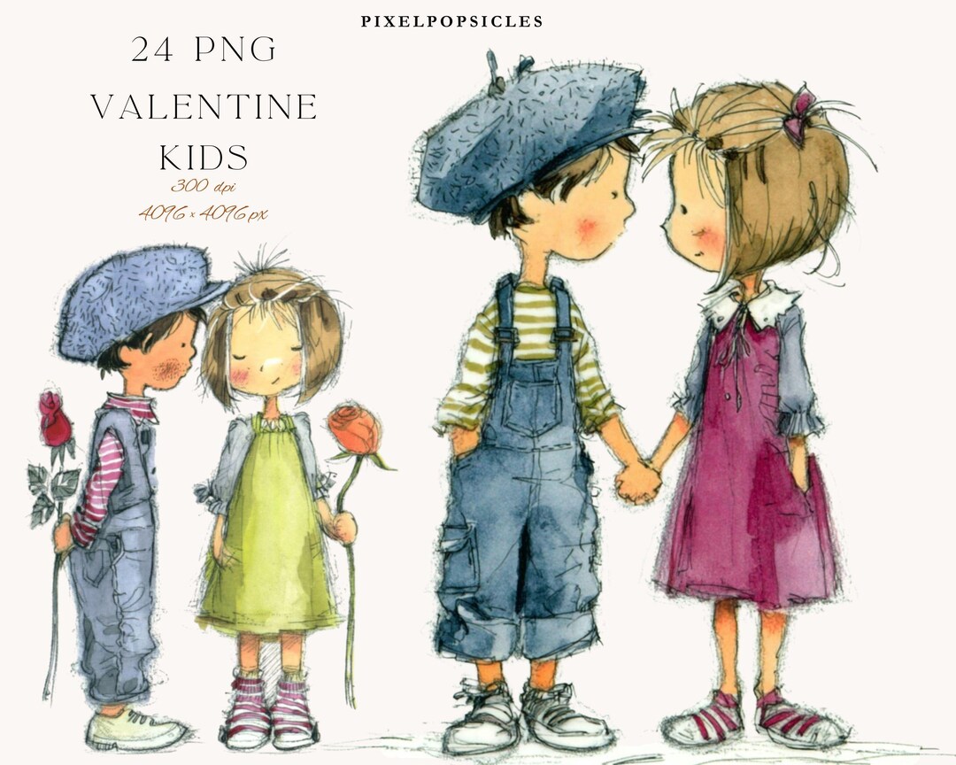Watercolor Valentine Kids Clipart | Boy and Girl PNG Set (digital ...