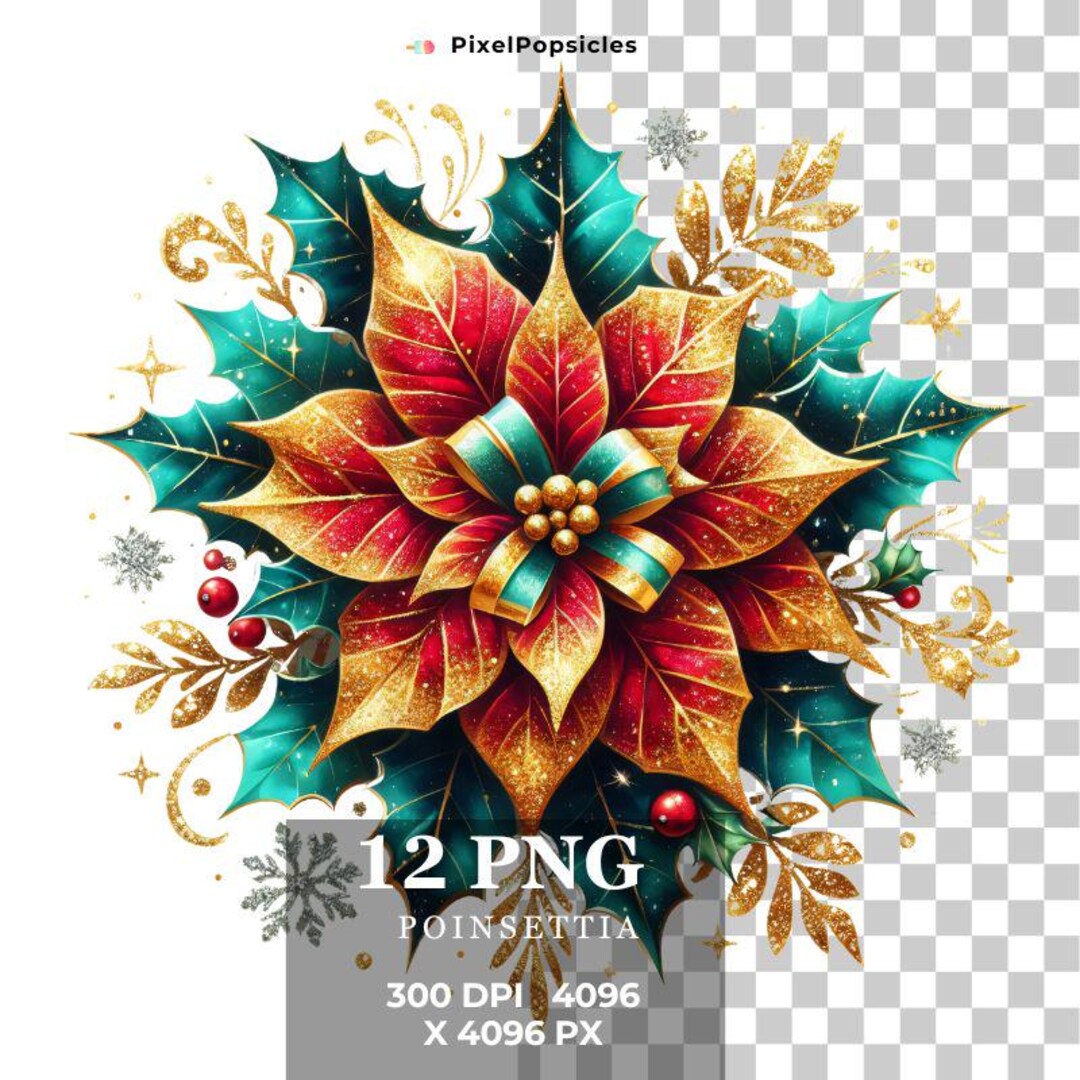 Poinsettia Clipart, Christmas Flower PNG, Gold Glitter Holiday Graphics ...