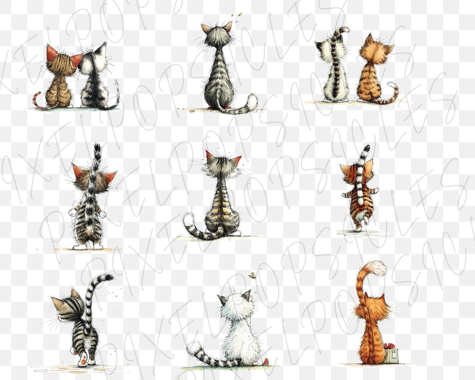 20 Cats From Behind PNG Clipart | Watercolor Back View Cats ...