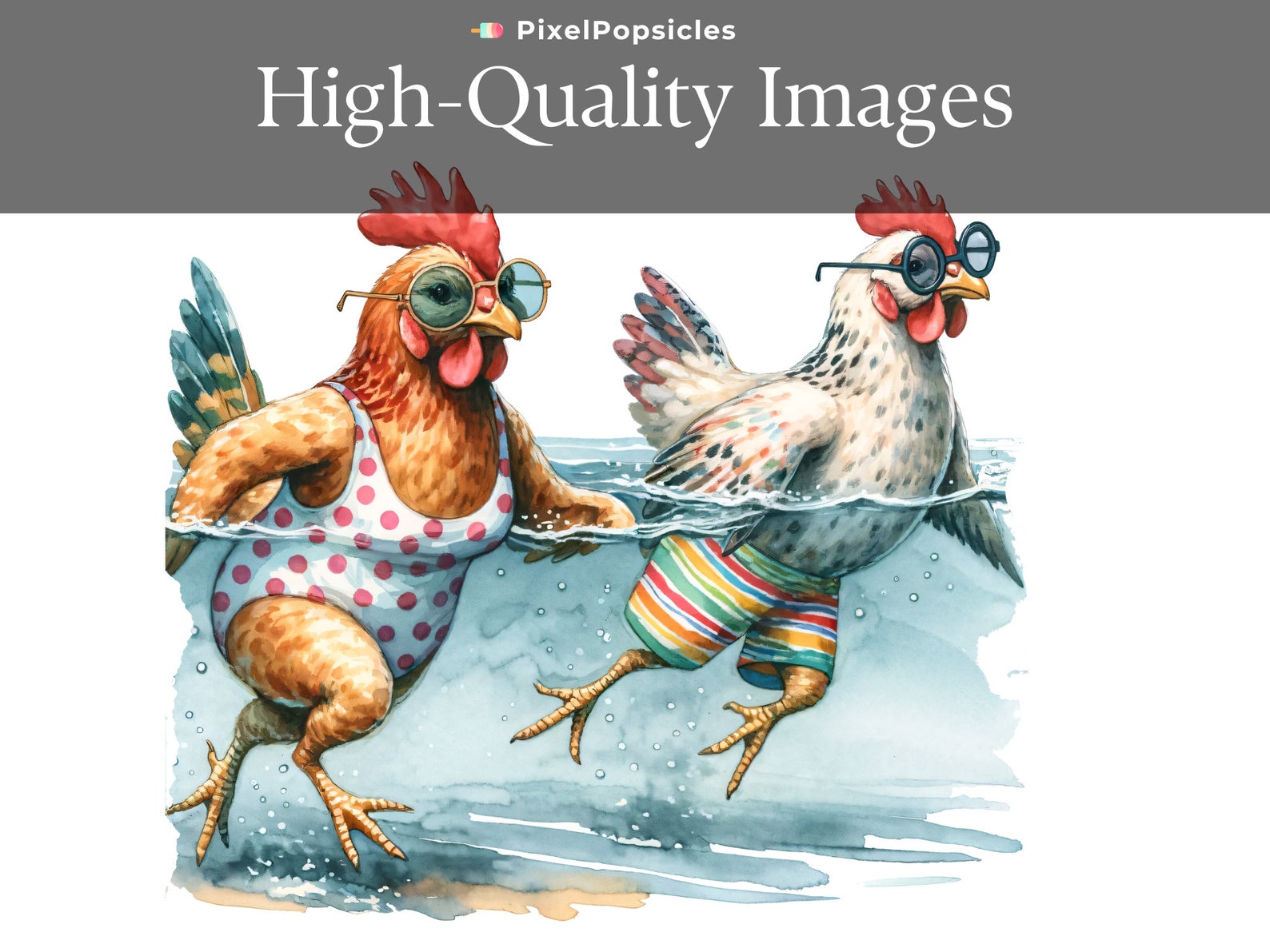 Chickens on the Beach Clipart, 11 PNG Summer Watercolor, Junk Journal ...