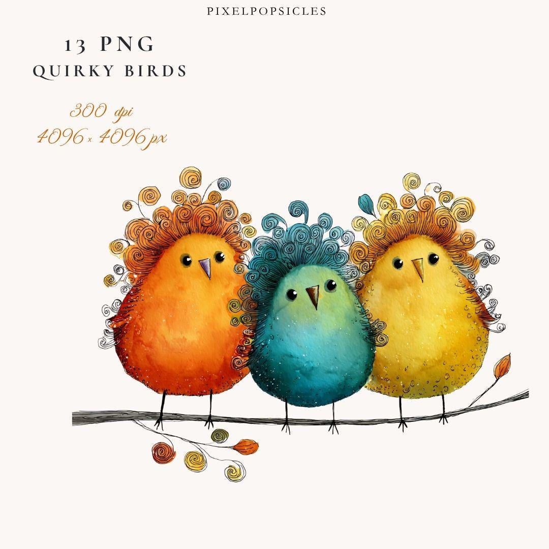 Whimsical Bird Clipart Bundle: High-res Pngs for DIY Crafts (digital ...