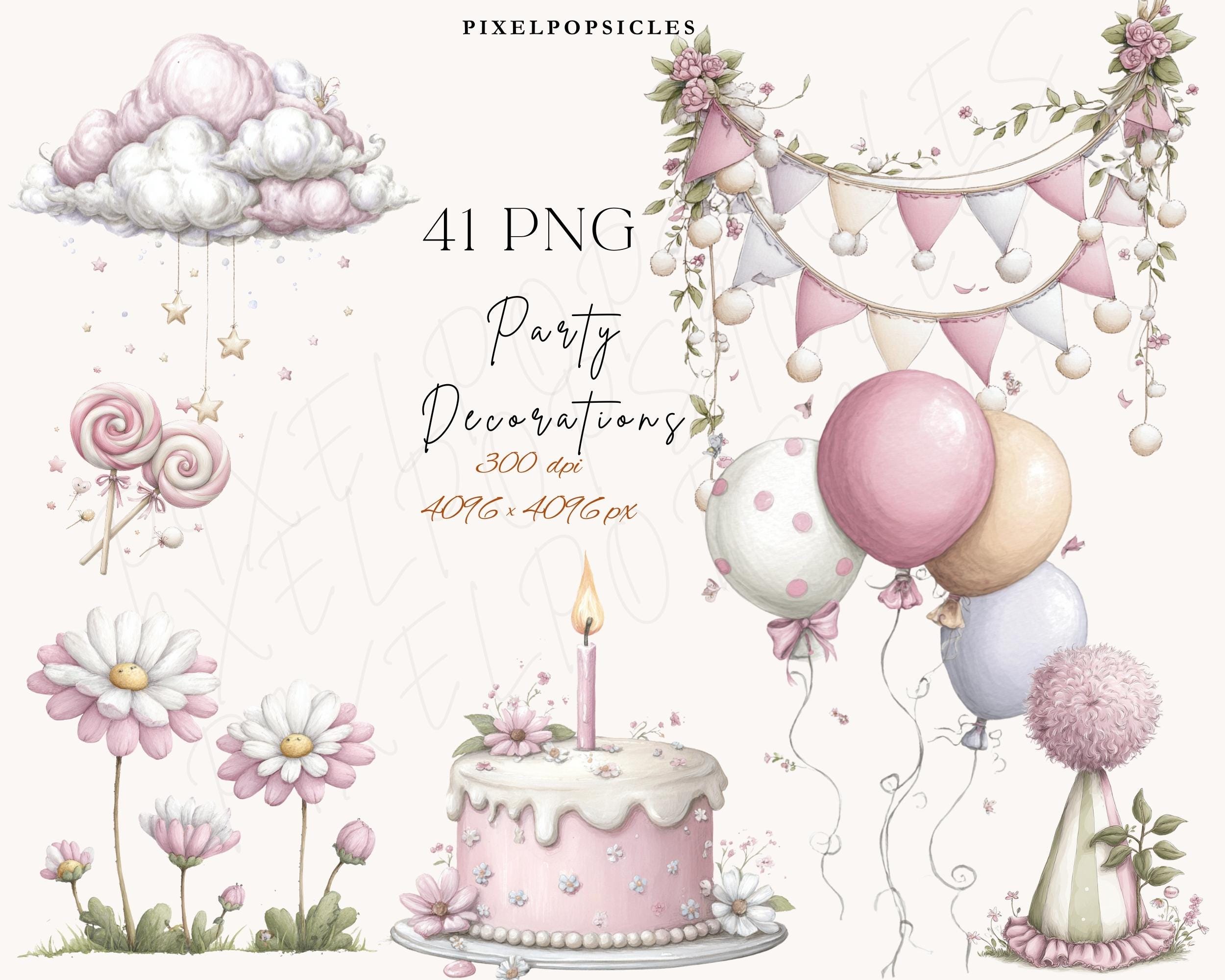 Watercolor Pastel Birthday Clipart Set, Party Decorations PNG Digital ...