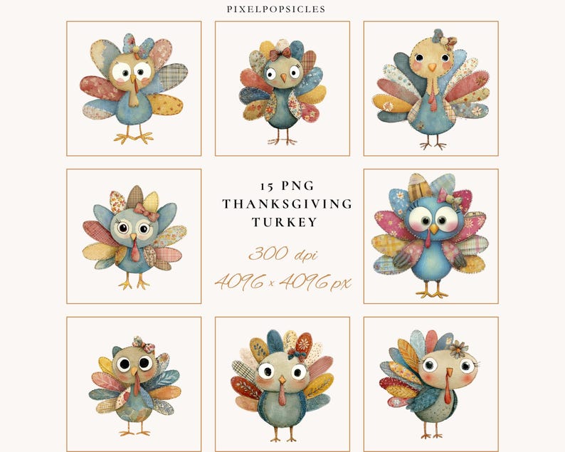 Watercolor Turkey Clipart: Patchwork Fall Animal PNG (digital Download ...