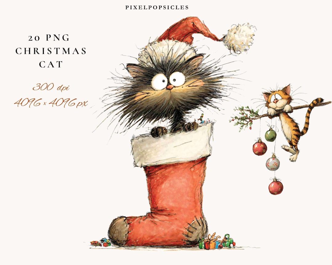 Whimsical Christmas Cats Watercolor Clipart: High-res Pngs (digital ...