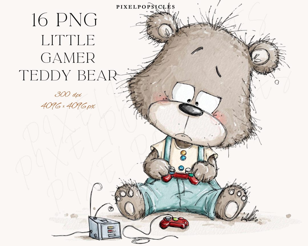Watercolor Bear Clipart: Little Gamer Teddy Bear Nursery Decor (digital ...