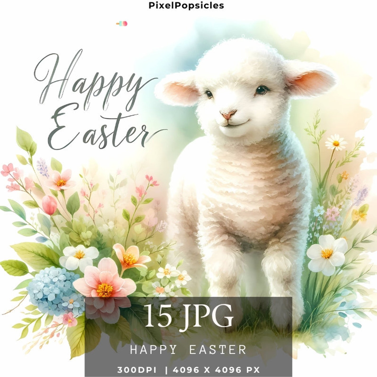Happy Easter Lamb Clipart Bundle: Watercolor Floral JPG Images (digital ...