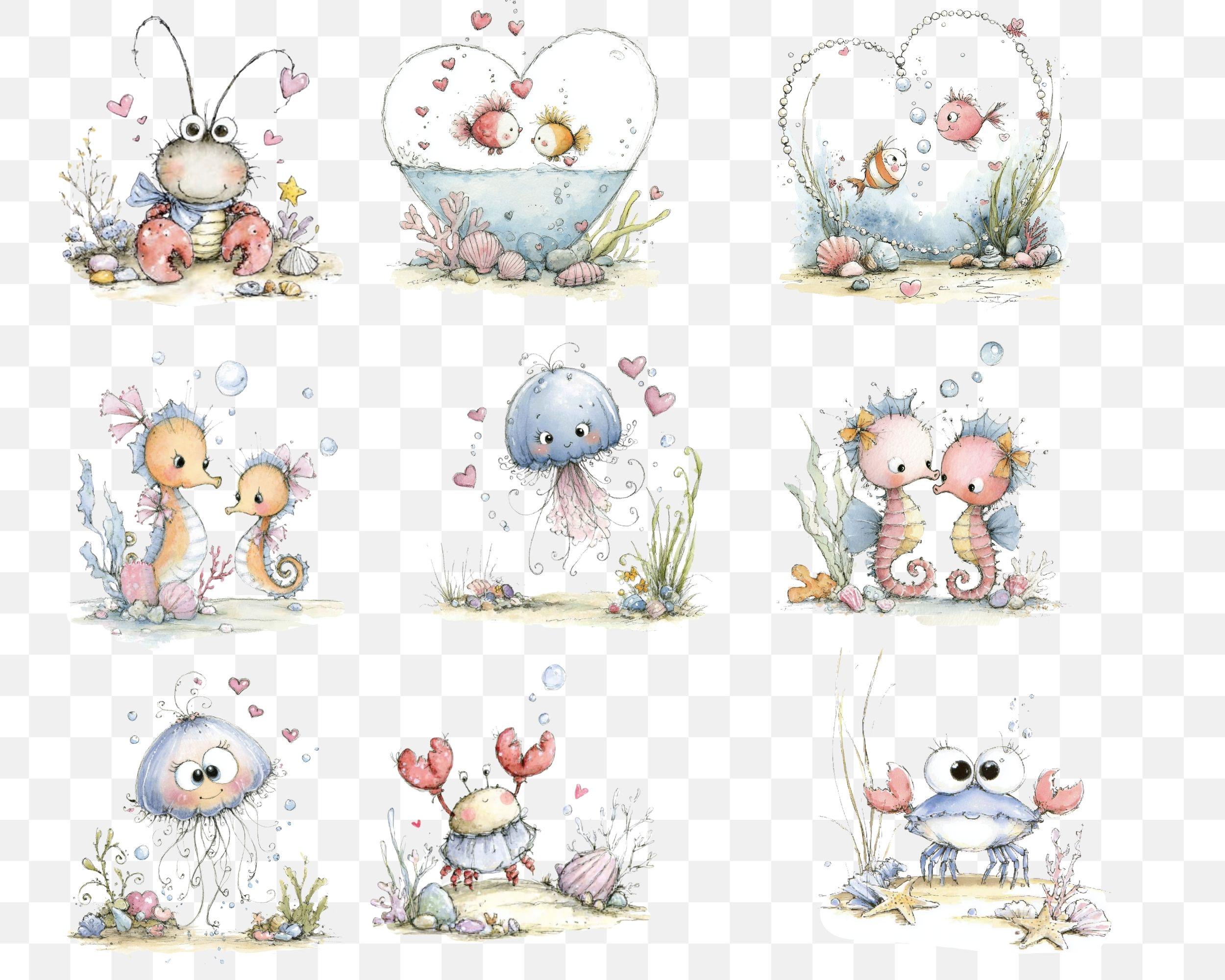 Marine Valentine Watercolor Clipart: Valentine Art (PNG Digital ...