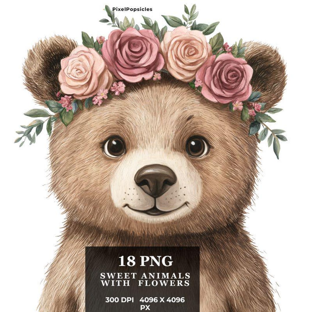 Animals With Flower Crowns Clipart: Whimsical PNG Art Bundle (digital ...