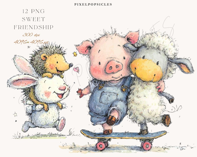 12 PNG Sweet Friendship Clipart Set | Animal Friends Illustration ...