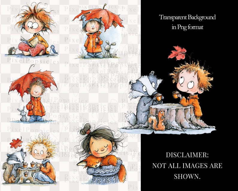 Whimsical Fall Kids Clipart, Watercolor Autumn Children Graphics Bundle ...