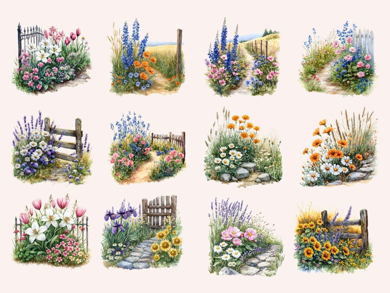 Watercolor Flower Path Illustration: Scenic Floral Trail Art (digital ...