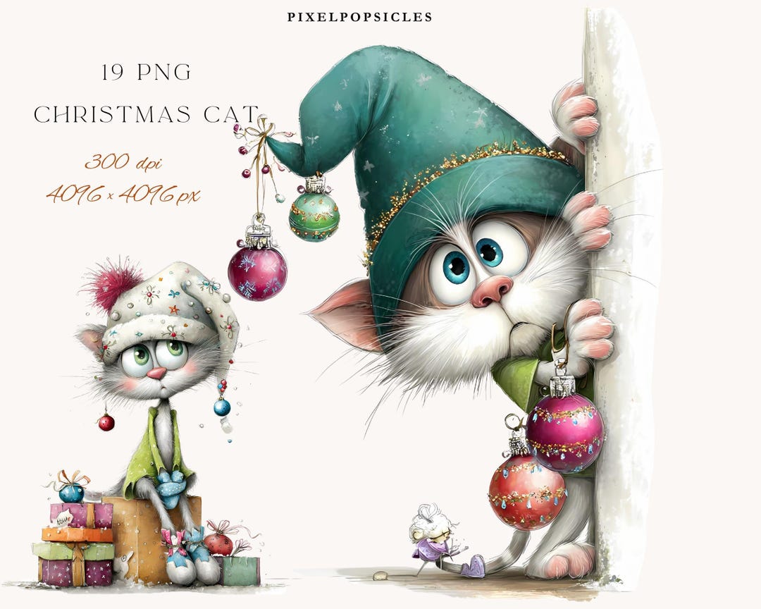 Whimsical Christmas Cats Watercolor Clipart: High-res Pngs (digital ...