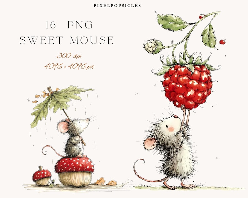 Whimsical Mouse Clipart: 16 Animal PNG Illustrations for Nursery, Kids ...