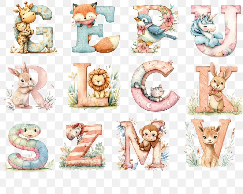 Watercolor Animal Alphabet Clipart – Nursery ABC Illustrations (digital ...
