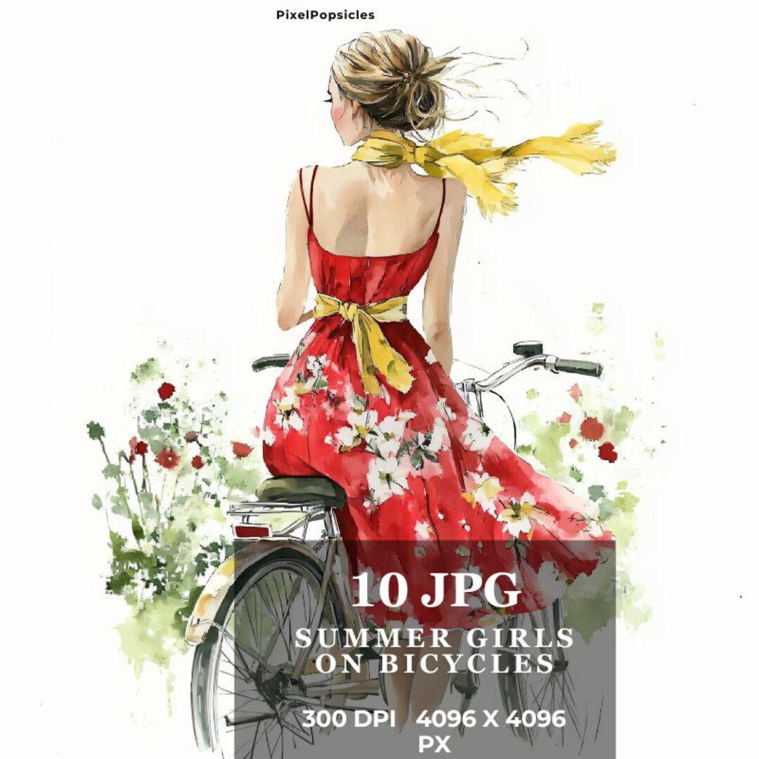 10 Summer Girls on Bicycles Clipart, Whimsical Watercolor Illustration ...