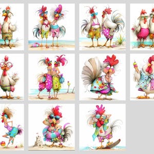Chicken on the Beach Clipart, Funny Summer Hen JPG, Cute Cartoon Farm ...