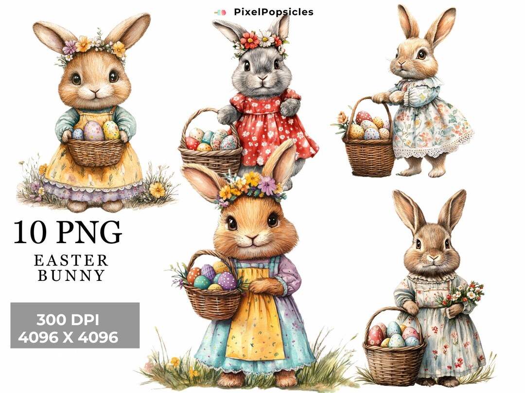 10 Watercolor Pastel Bunnies Easter Clipart - Easter-themed Attire PNG ...