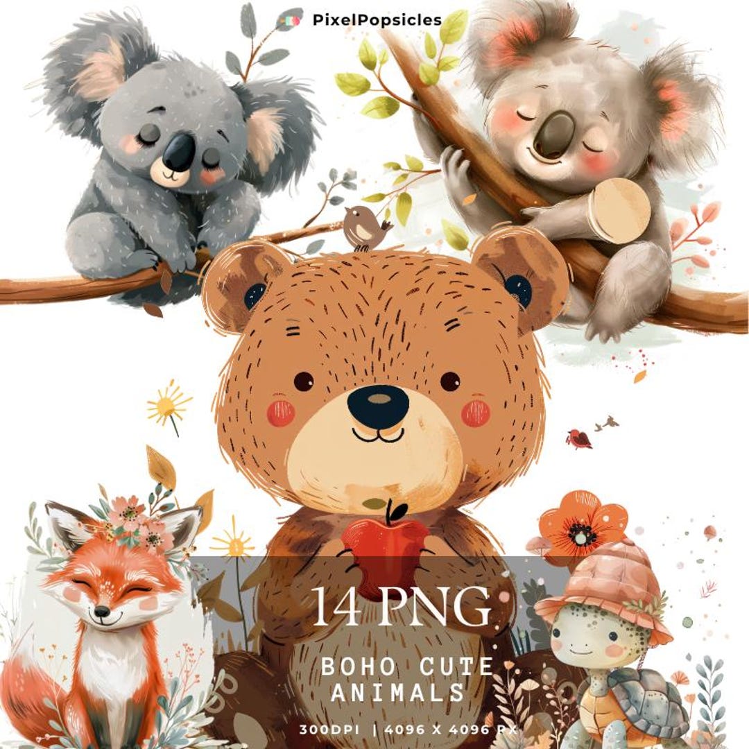 14 Boho Cute Animals Clipart, Cute Clipart, Printable Watercolor ...