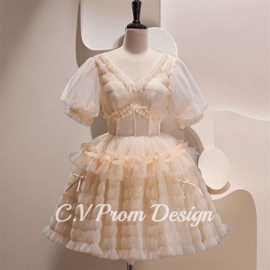 Cute Puff Sleeves Prom Dress for Womancustom Length Champagne - Etsy