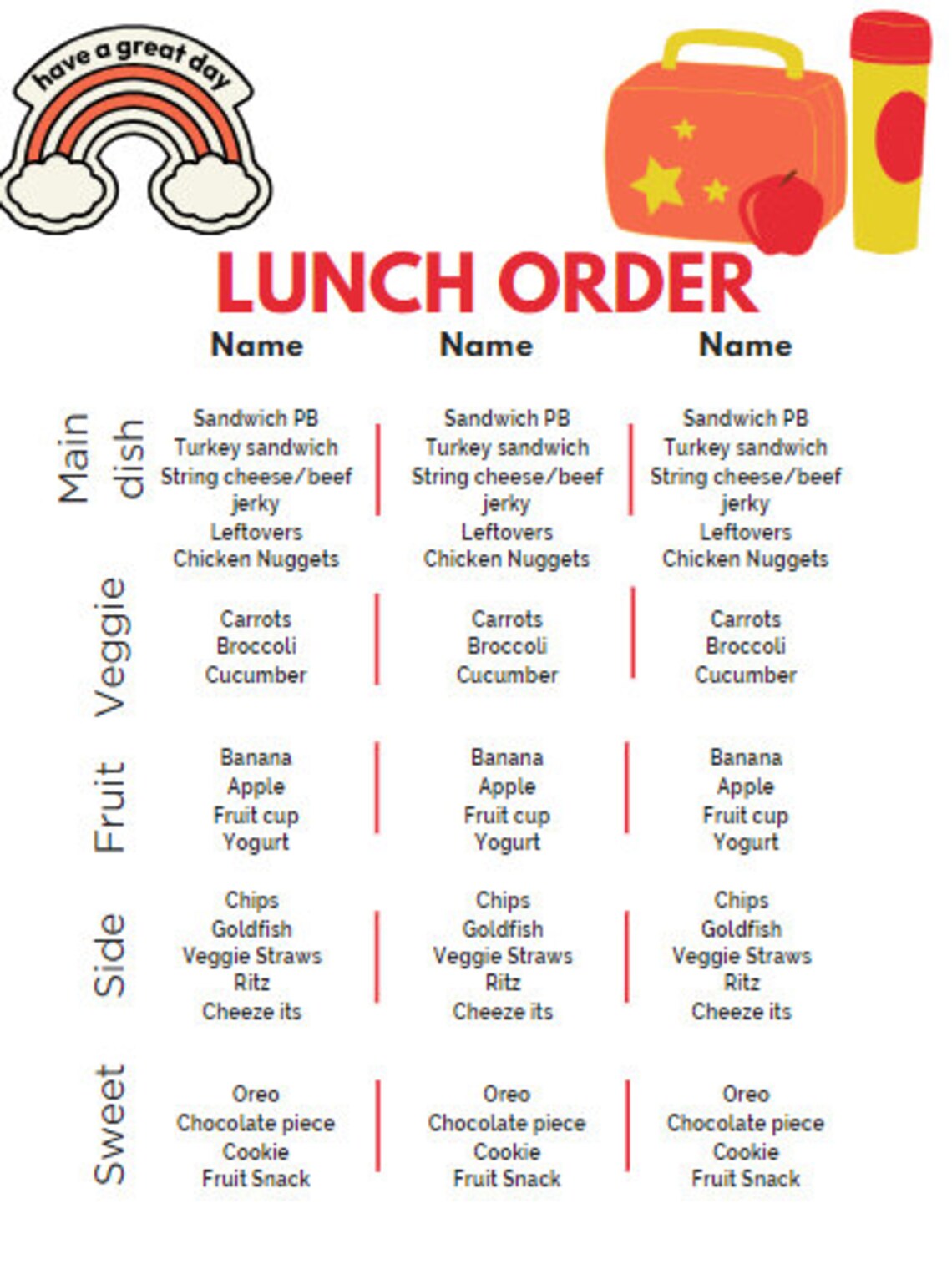 Lunch Menu Order Canva Template for Younger Kids for Packable School ...