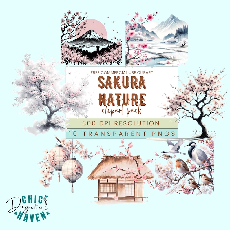 Sakura Nature Clip Art Set, Cherry Blossom Tree Png Bundle, Japan Sublimation Design, Digital ...