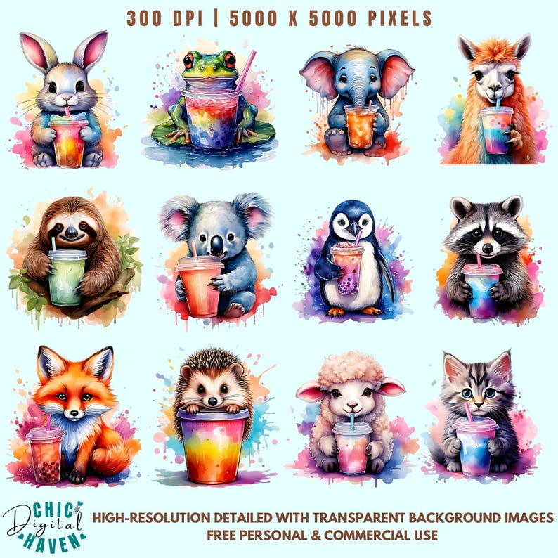 Watercolor Boba Kawaii Animals Bubble Tea Clipart, Sublimation Design ...