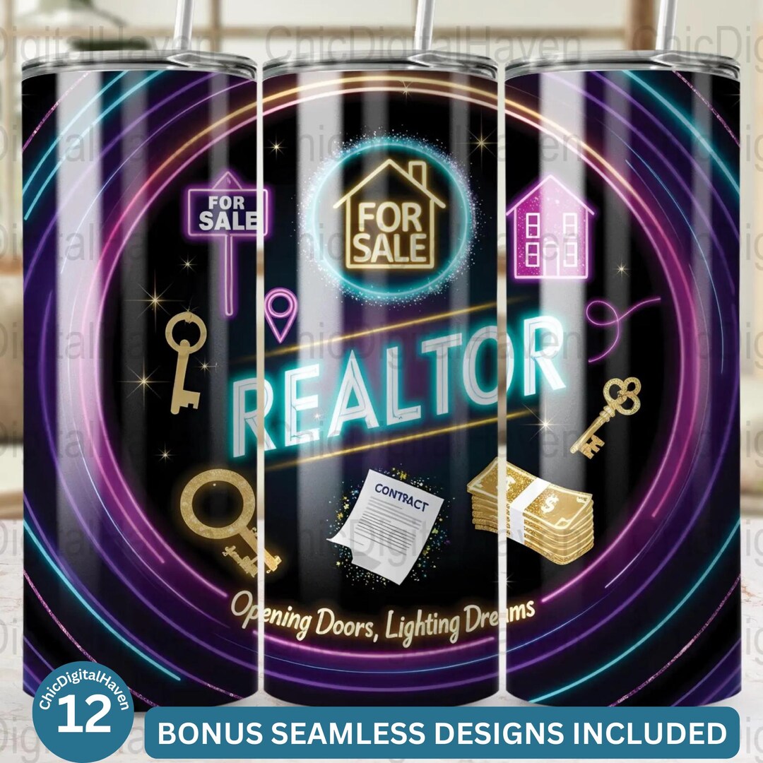 Neon Realtor 20 Oz Skinny Tumbler Wrap PNG, Sublimation Design, Digital ...