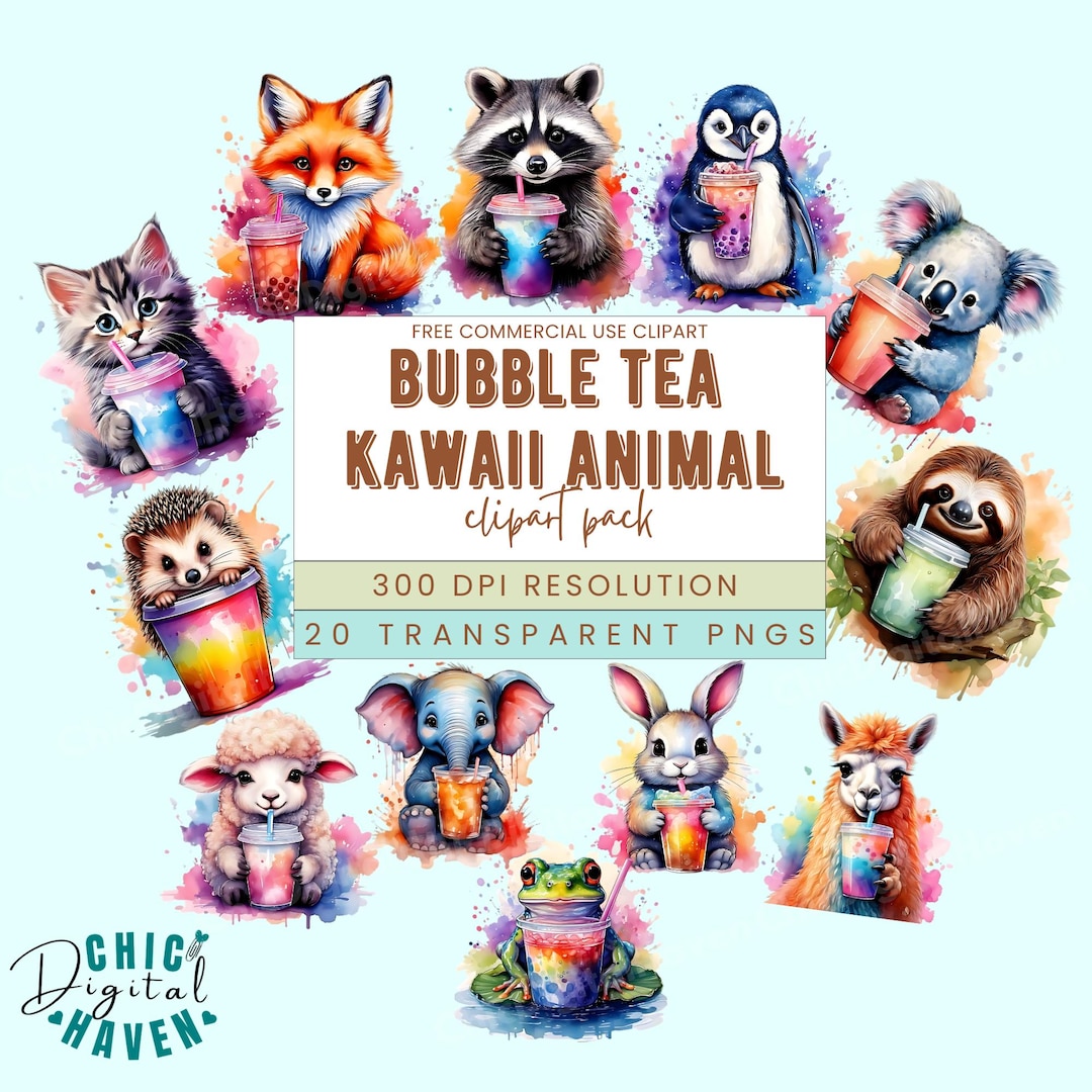 Bubble Tea Kawaii Clipart Set, Cute Animals Drinking Boba, Watercolor ...