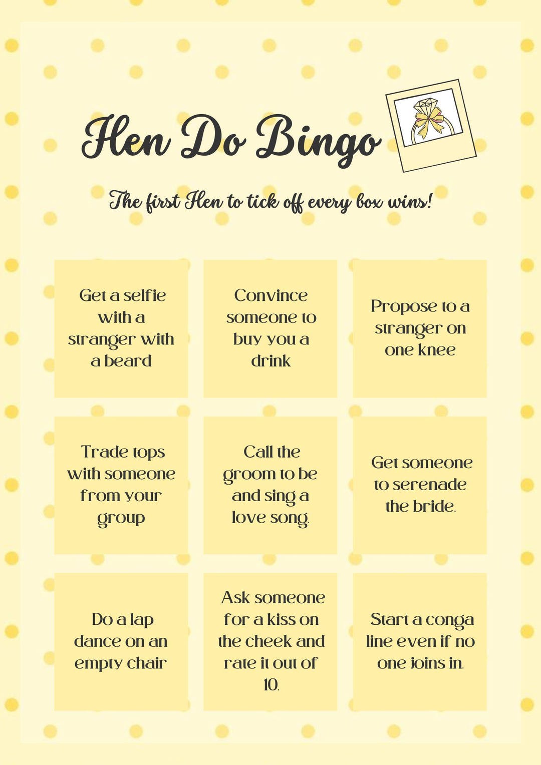Yellow Polka Dot Hen Do Bingo Card - Etsy