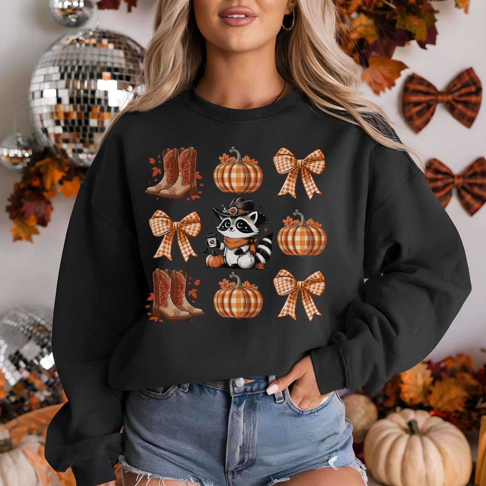 Cute Fall Raccoon With Coffee Cowboy Hat Plaid Pumpkins Boots Ribbons ...