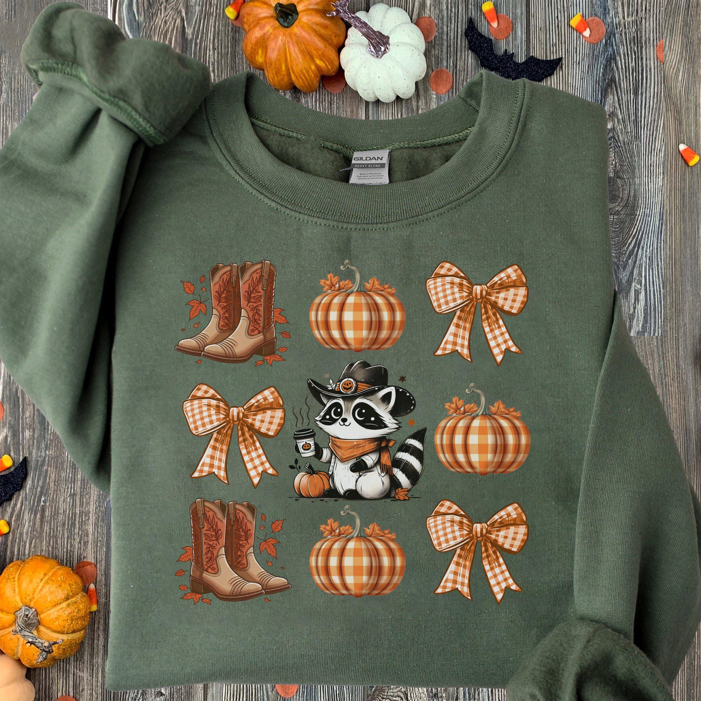 Cute Fall Raccoon With Coffee Cowboy Hat Plaid Pumpkins Boots Ribbons ...