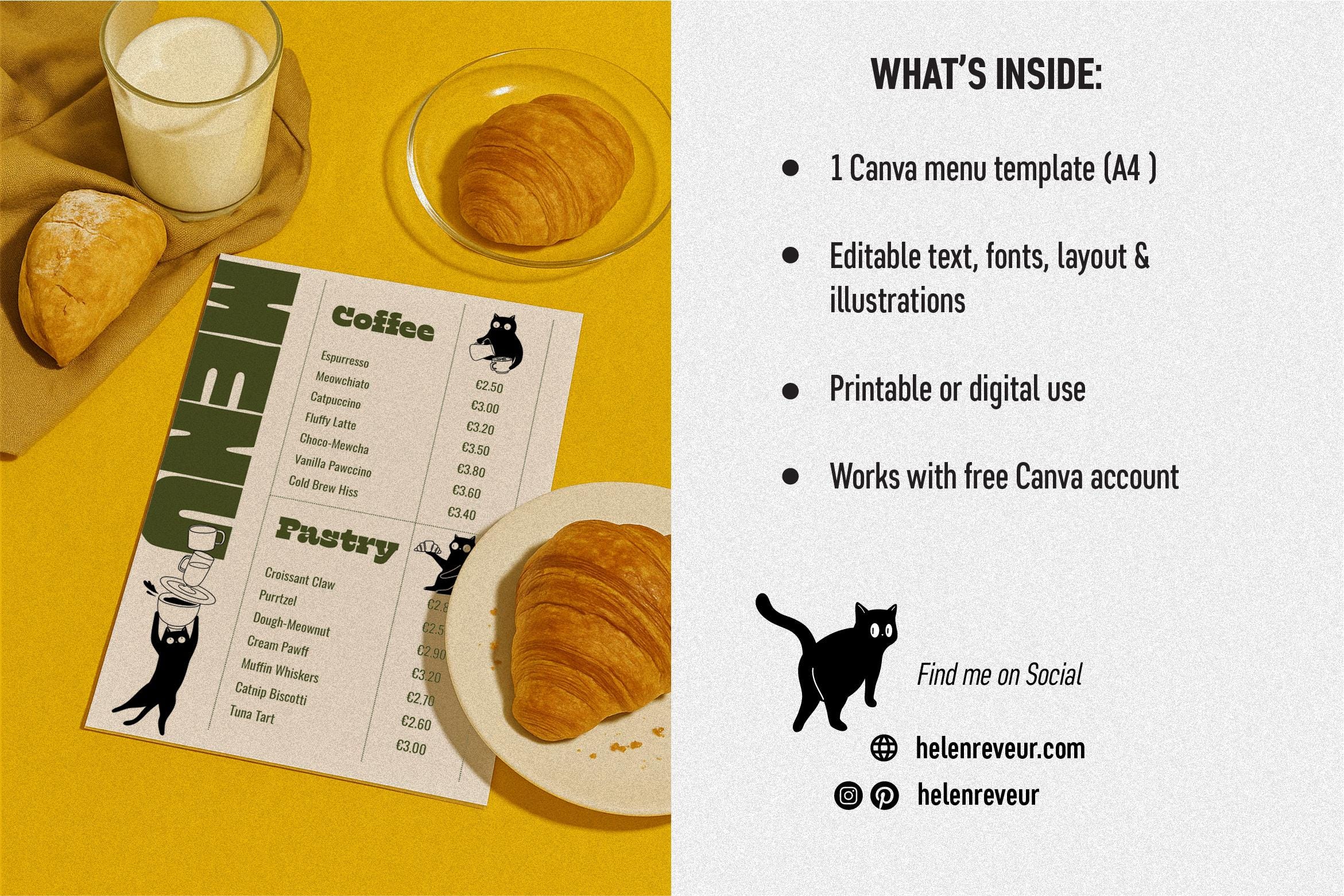 Retro Cat Cafe Menu Template: Funny Coffee Shop Design (A4) (canva ...