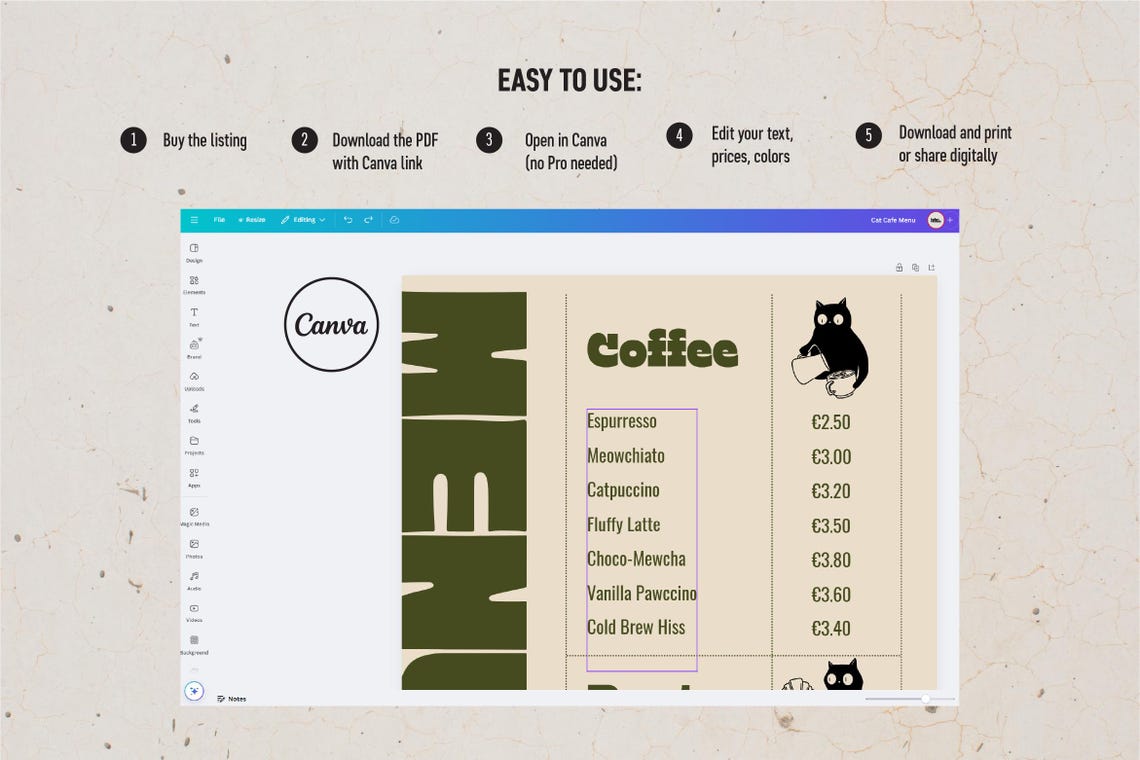 Retro Cat Cafe Menu Template: Funny Coffee Shop Design (A4) (canva ...