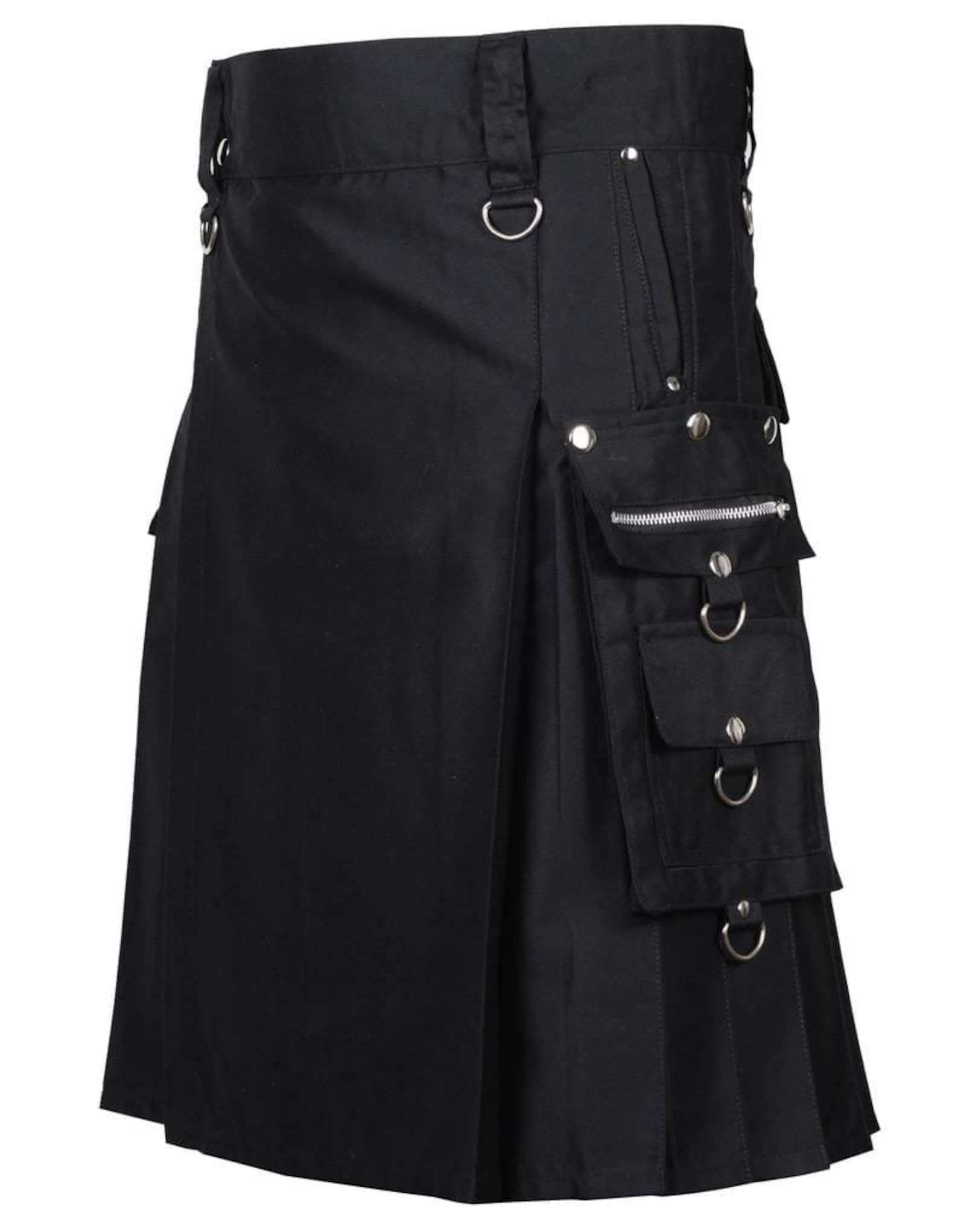 New Men's Black Cotton Utility Kilt Handmade Tactical Cargo Pockets ...