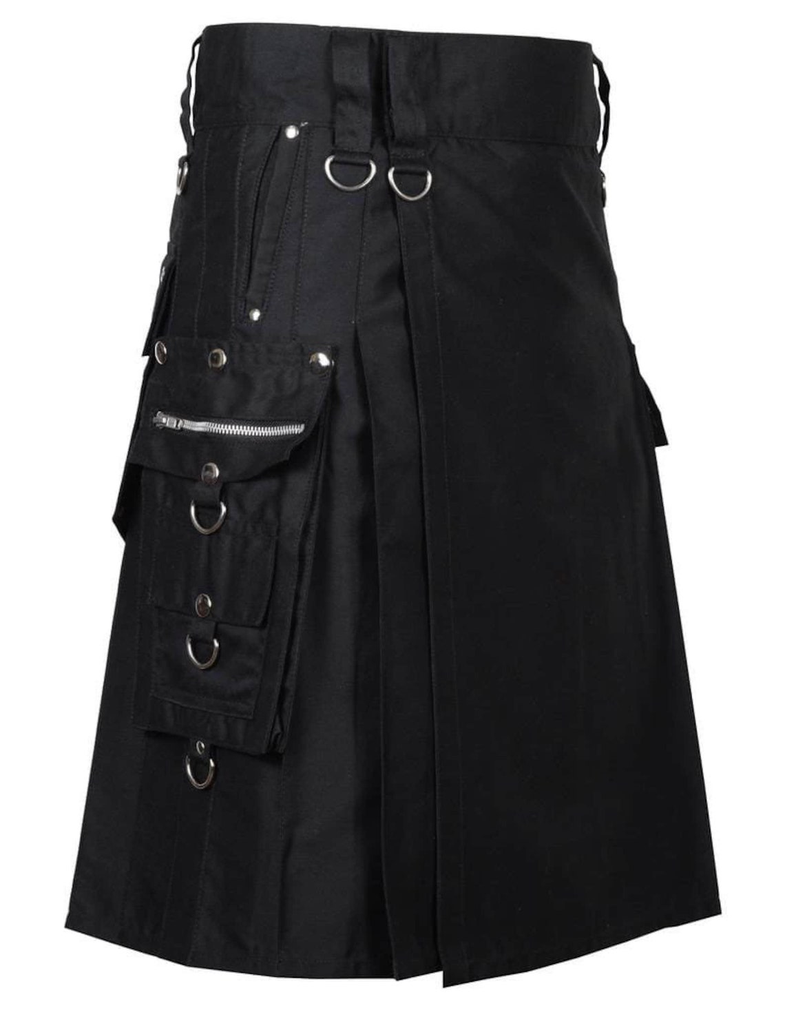 New Men's Black Cotton Utility Kilt Handmade Tactical Cargo Pockets ...