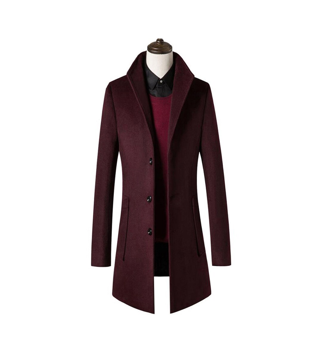 Wool Coat, Maroon Long Wool Coat Men, Long Wool Jacket, Swing Coat ...