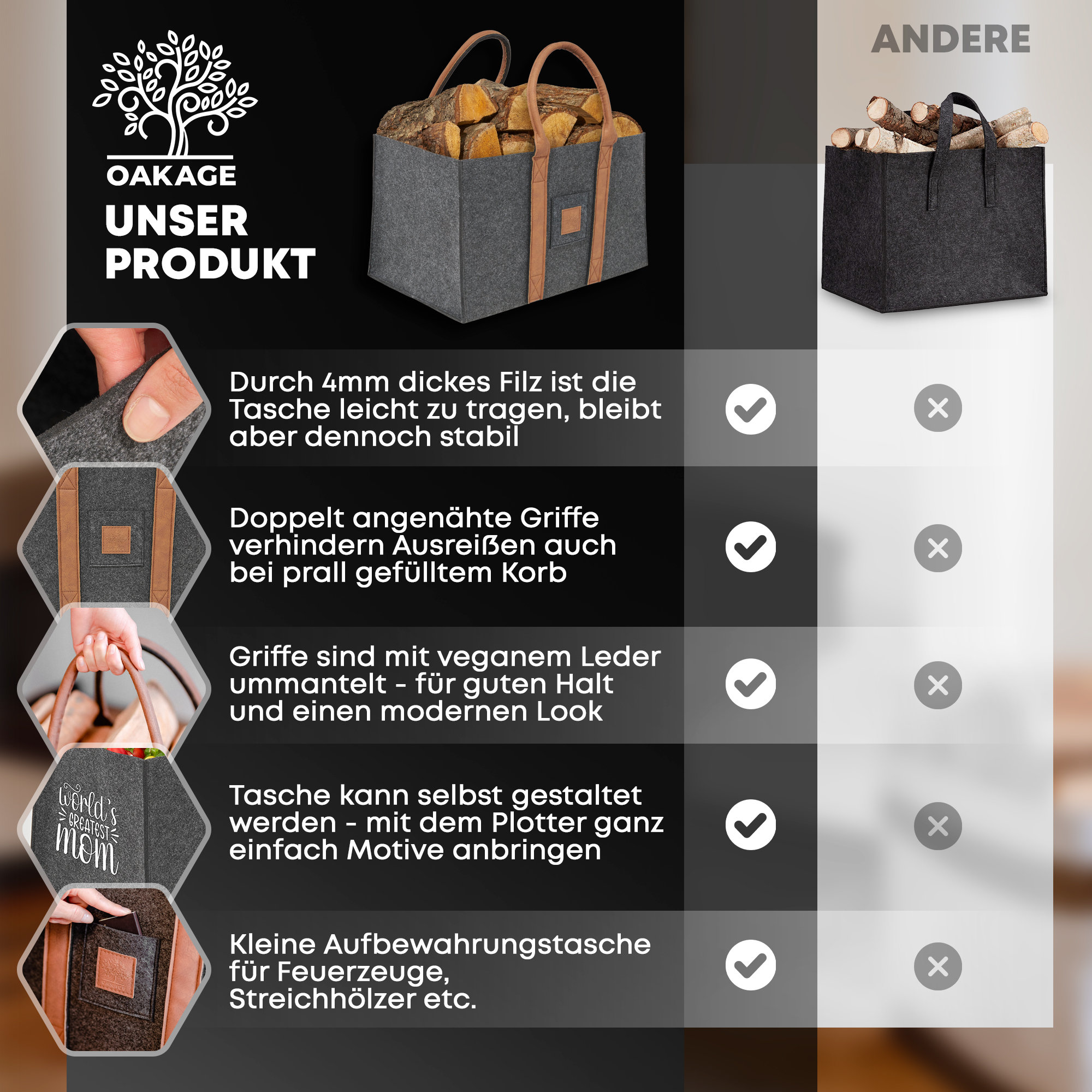 OAKAGE® Shopping Bags Foldable set of 2 Felt Bags Shopper Wood Basket ...