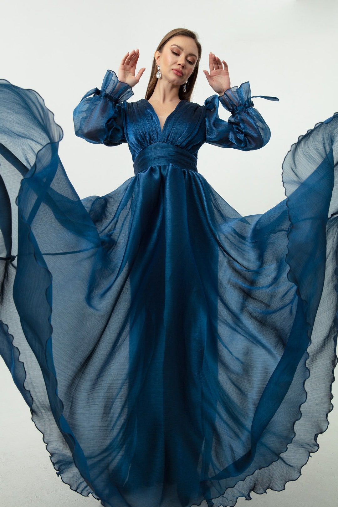 Women's Indigo Balloon Sleeve V-neck Long Evening Dress - Etsy