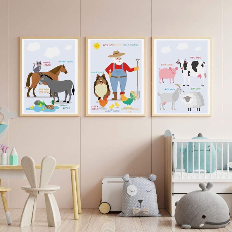 Children's Room Wall Decor With Old Farmer and Farm Animals,montessori ...