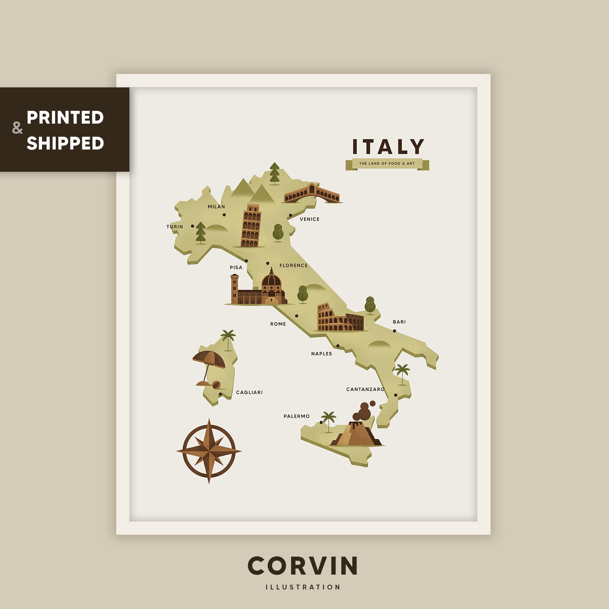 Illustrated Map of Italy, Landmarks Travel Poster, Living Room Wall Art ...